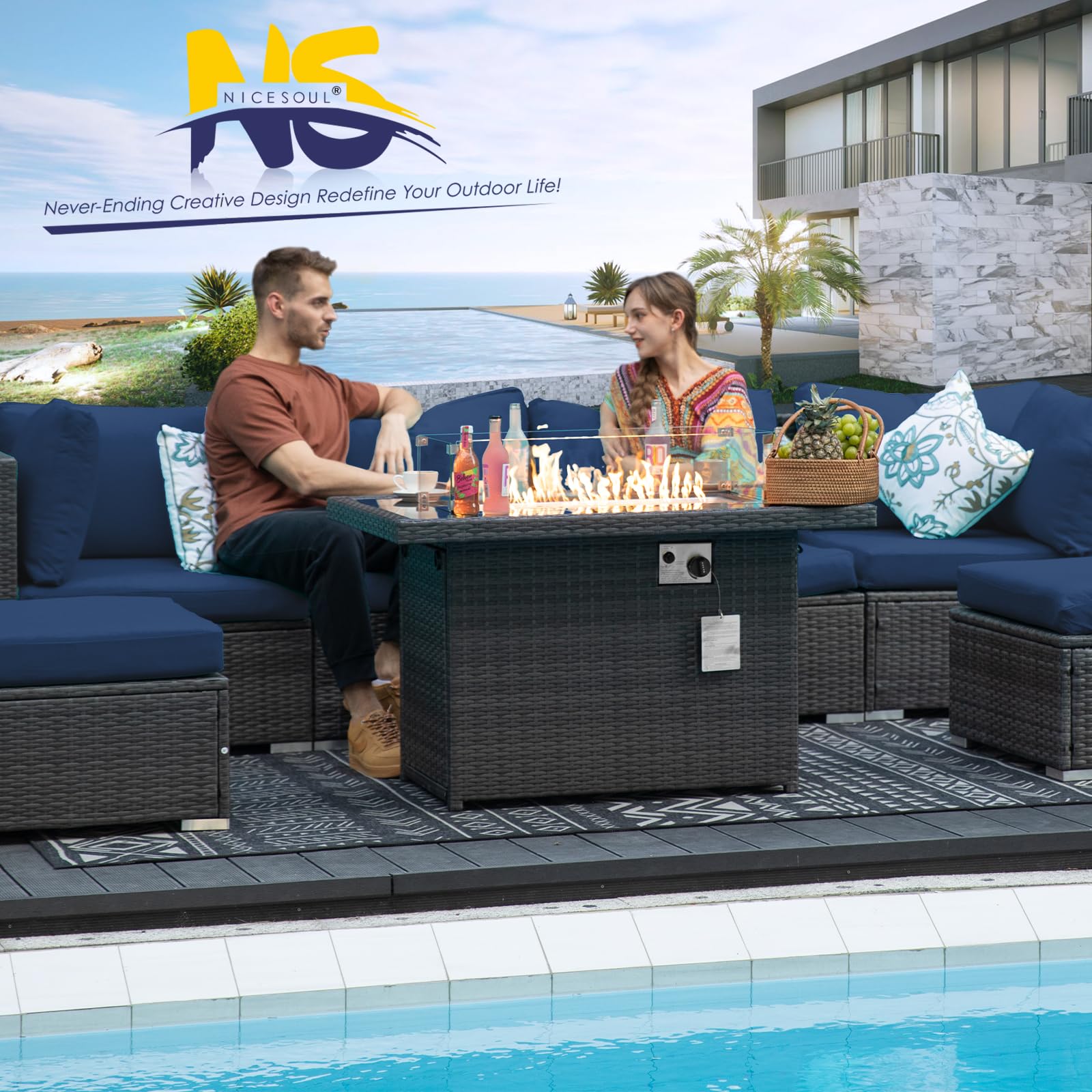 NICESOULĀ® Large 9 Piece Outdoor Patio Furniture Set with Fire Pit Table,29.3'' High Back Rattan Modular Sectional Sofa Set with Natural Gas/Propane Firepit Navy,2 Colors Cushions