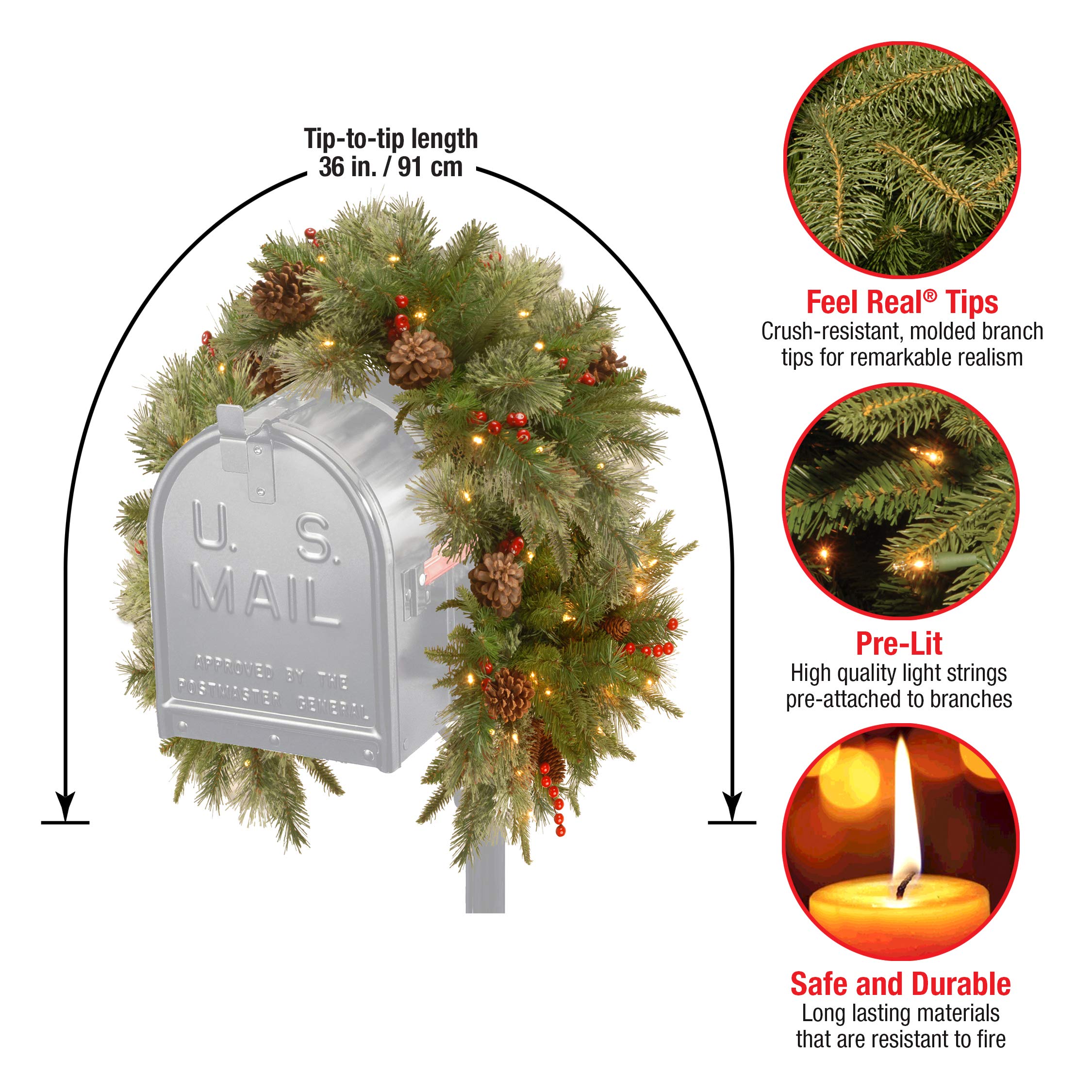 National Tree Company Pre-lit Artificial Christmas Mail Box Swag Flocked with Mixed Decorations and White LED Lights Colonial-36 Inch