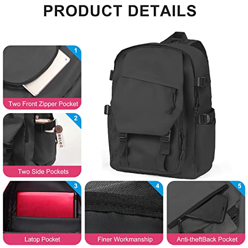 REAWUL Lightweight Backpack for School,Laptop Backpack for Men Women Water Resistant Travel Rucksack with Bottle Side Pocket (Black)…