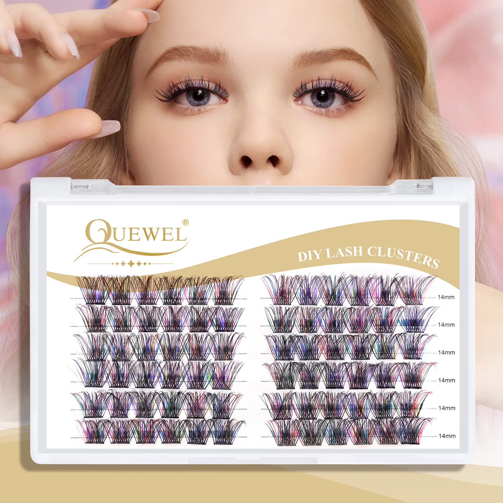 QUEWEL Cluster Lashes 72 Pcs Wide Stem Colored Eyelash Clusters Mixed Colors Lashes Clusters+ C/D Curl 8-16mm Length DIY Eyelash Extension False Eyelashes Natural&Mega Styles