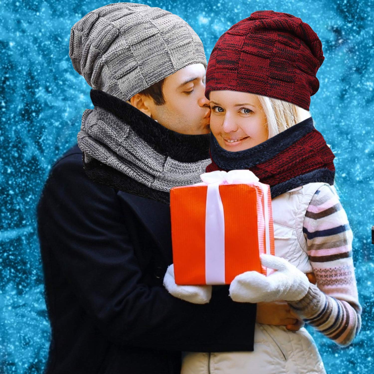 Newsfana Winter Beanie hat, Warm Knit Hat Scarf Set Thick Fleece Lined Winter Hat Skull Cap for Men Women (Gray)