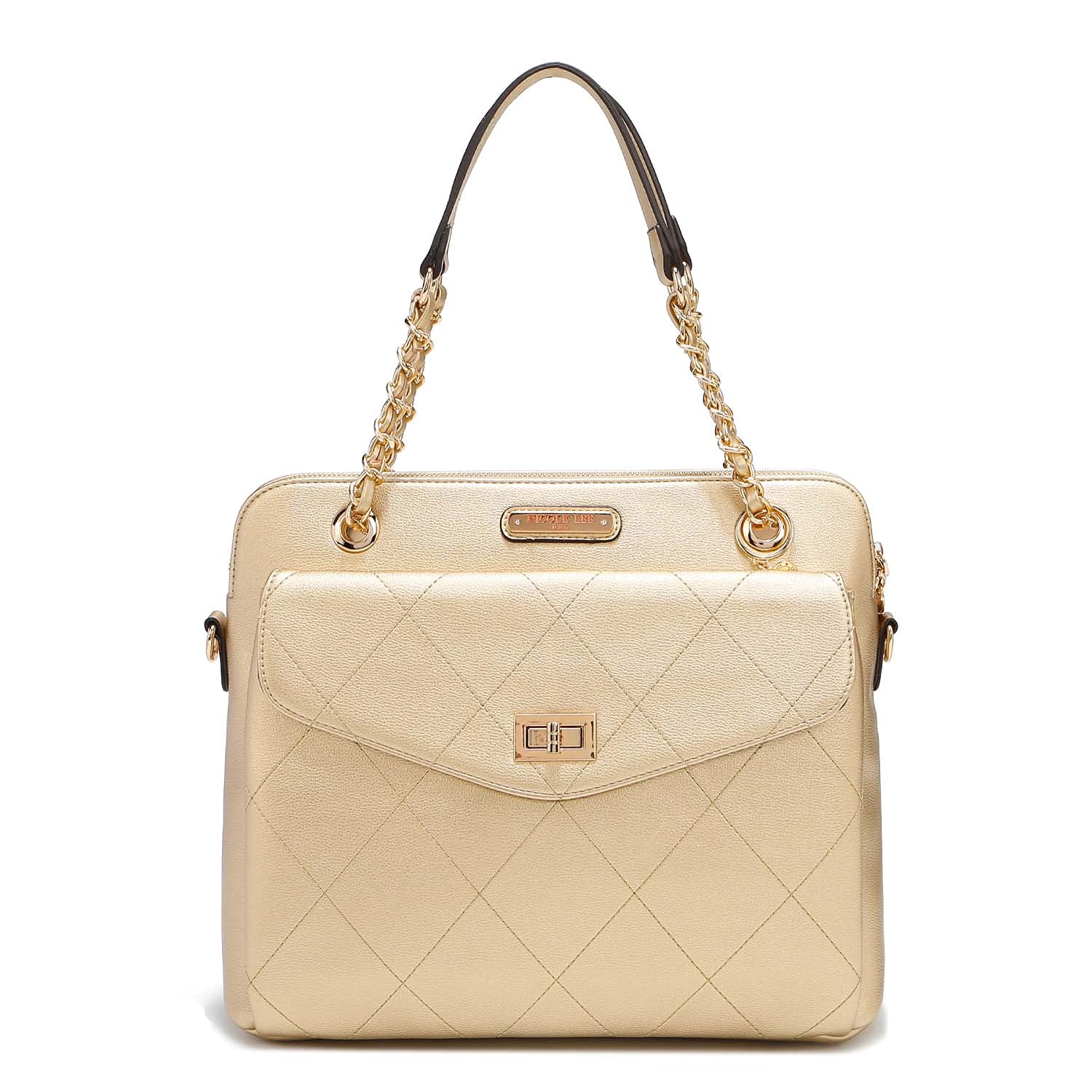 Nicole Lee Elena Tote, Chain Link Vegan Leather Strap, Front Pocket - Gold