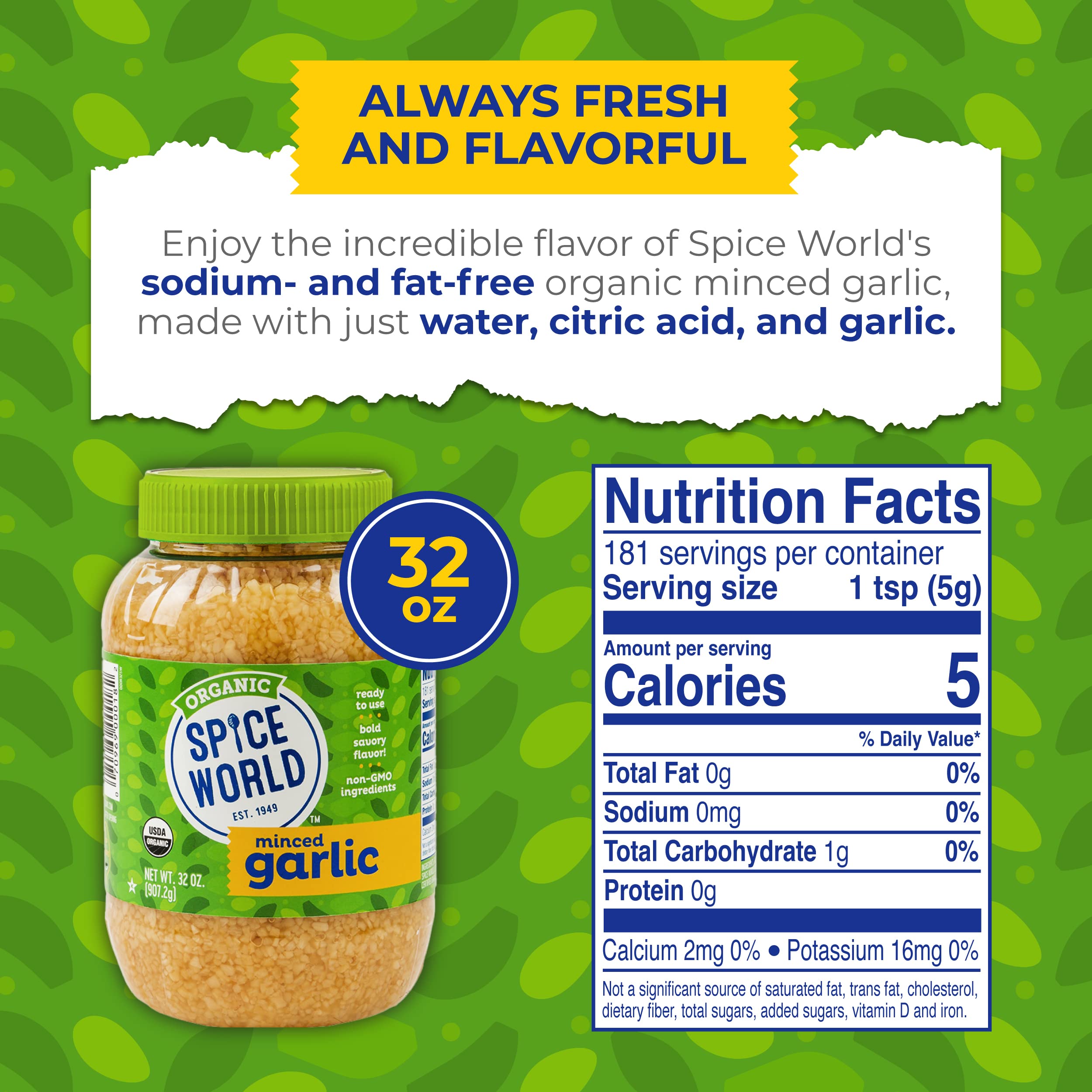 Spice World Organic Minced Garlic β Bulk 32oz Garlic Container, USDA Certified Organic Garlic with Non-GMO Ingredients β Ready-to-Use Seasonings for Cooking, Reduce Prep Work and Easily Add Flavor