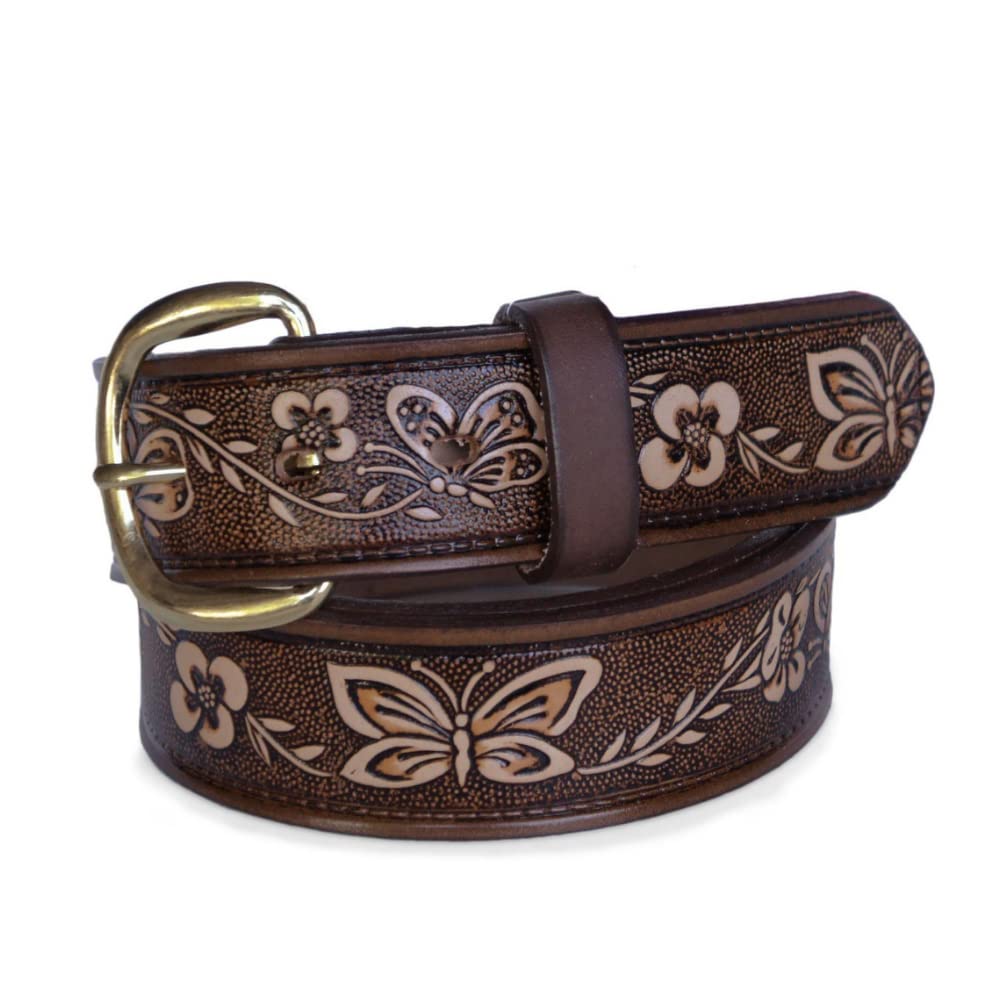 R.G. BULLCO 1-1/2" Handcrafted Women's Leather Belt - Butterfly & Floral Embossed, Full Grain Leather - Brown - Size 32 - RGB-5517