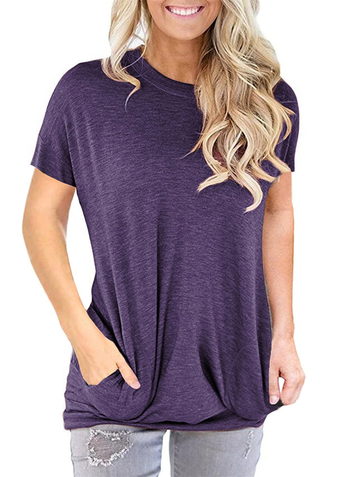 onlypuff Short Sleeve Shirts for Women Pockets Navy Blue Round Neck Tunic Top Solid Color Casual Top M