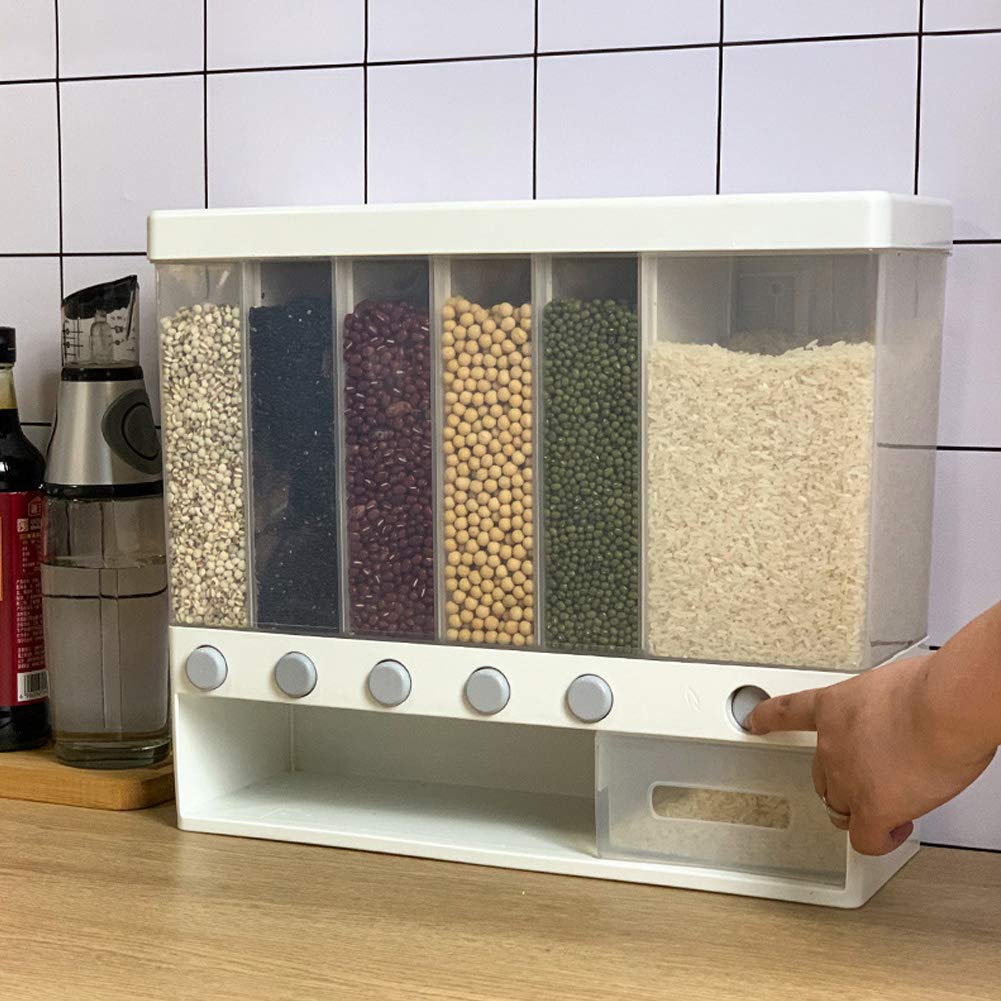 WAQIA Wall Mounted Food Dispenser,Whole Grains Rice Bucket,Large Capacity 6-Grid Storage Dry Food Dispenser, Dry Food Fruit Storage Box For Home and Kitchen