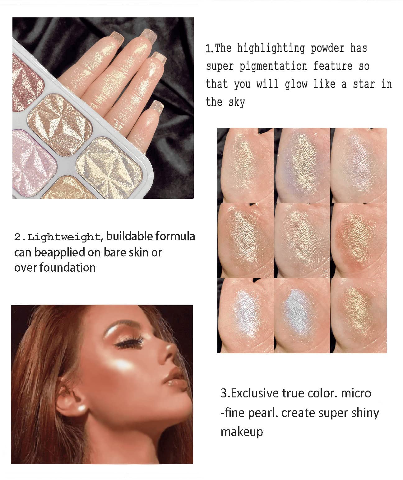 SUMEITANG 8 Colors Face Highlighter Makeup Palette,Shimmer Glitter Multichrome Highlight Powder,All Sparkling Shades Can Be layered or Worn Individually to Enhance and Brighten Your Face Features
