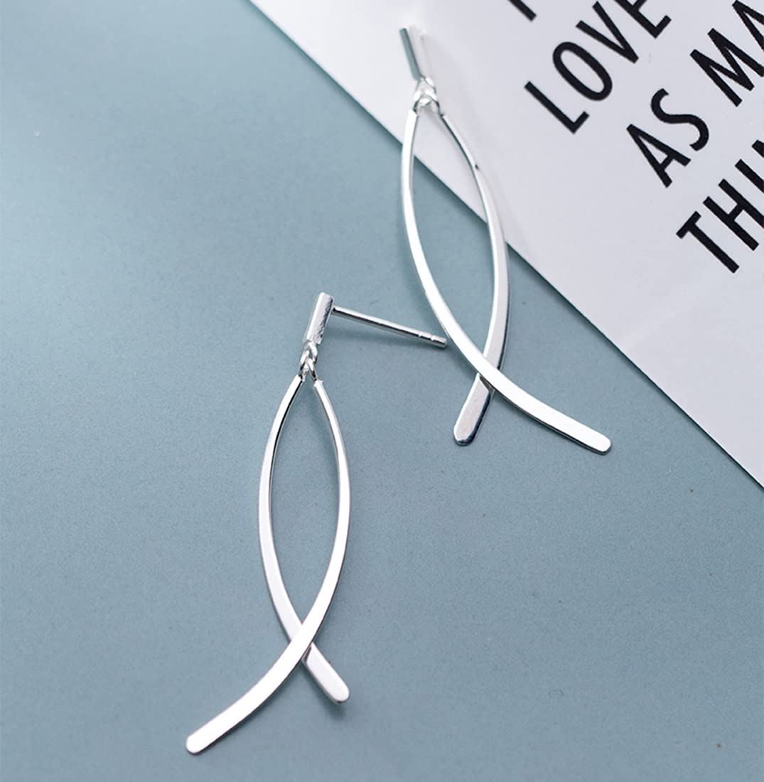 SLUYNZ 925 Sterling Silver Shiny Bar Dangle Earrings for Women Teens Flat Bar Earrings Curve Line Earrings (A-Silver)