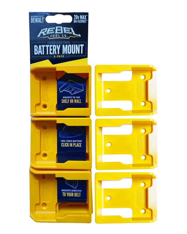 RebelToolCo Battery Holder Wall Mount (6 Pack) Battery Holder Mounts. Compatible with 20V & 60V DeWalt Cordless Batteries. Tool Holder Storage Organizer for Battery, Accessories, & Tool Organization.