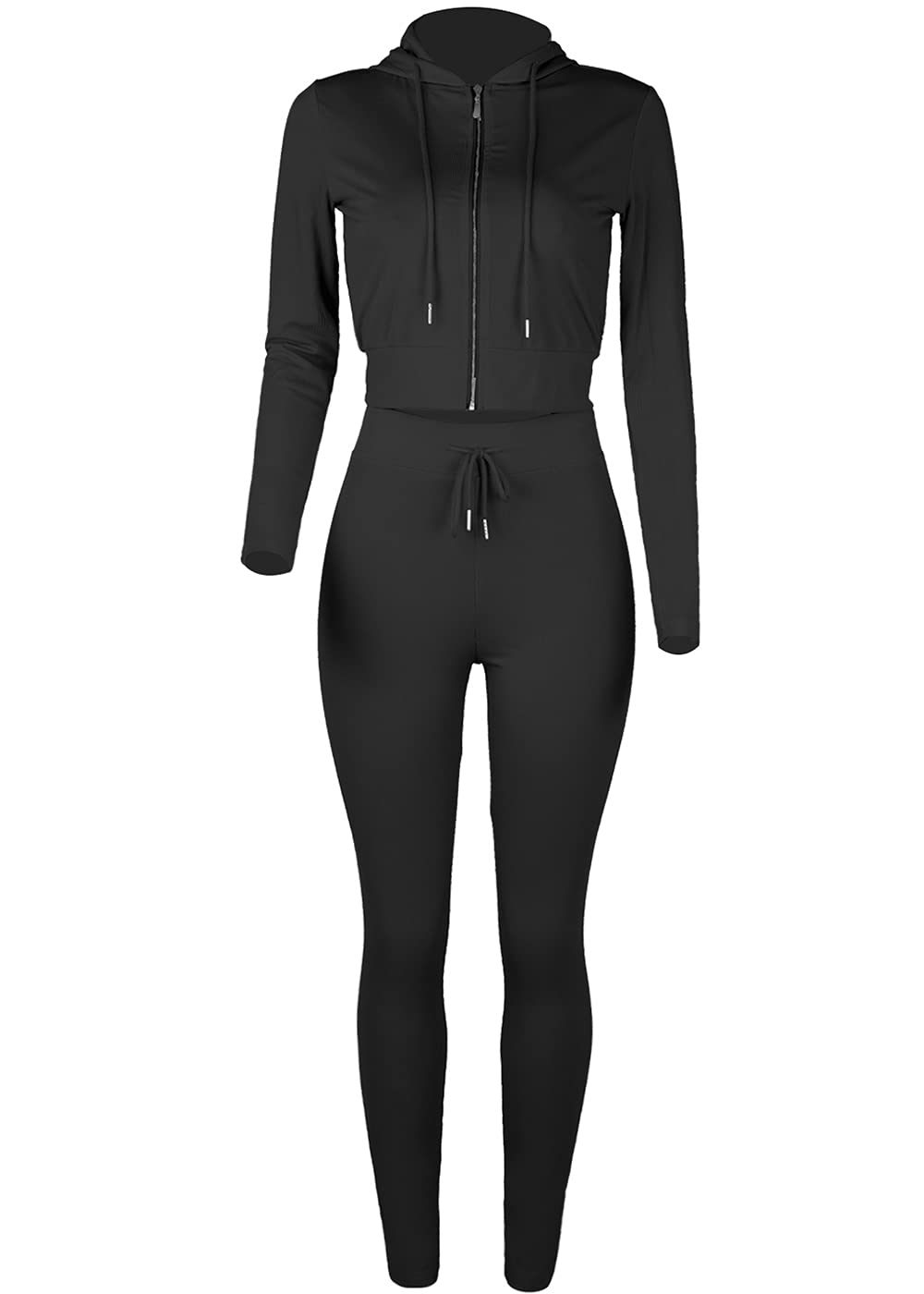 Ribbed Two Piece Outfit for Women, Solid Color Long Sleeve Kintted Crop Top with Zipper Front and Bodycon Leggings Sweatsuits, Black, XXL