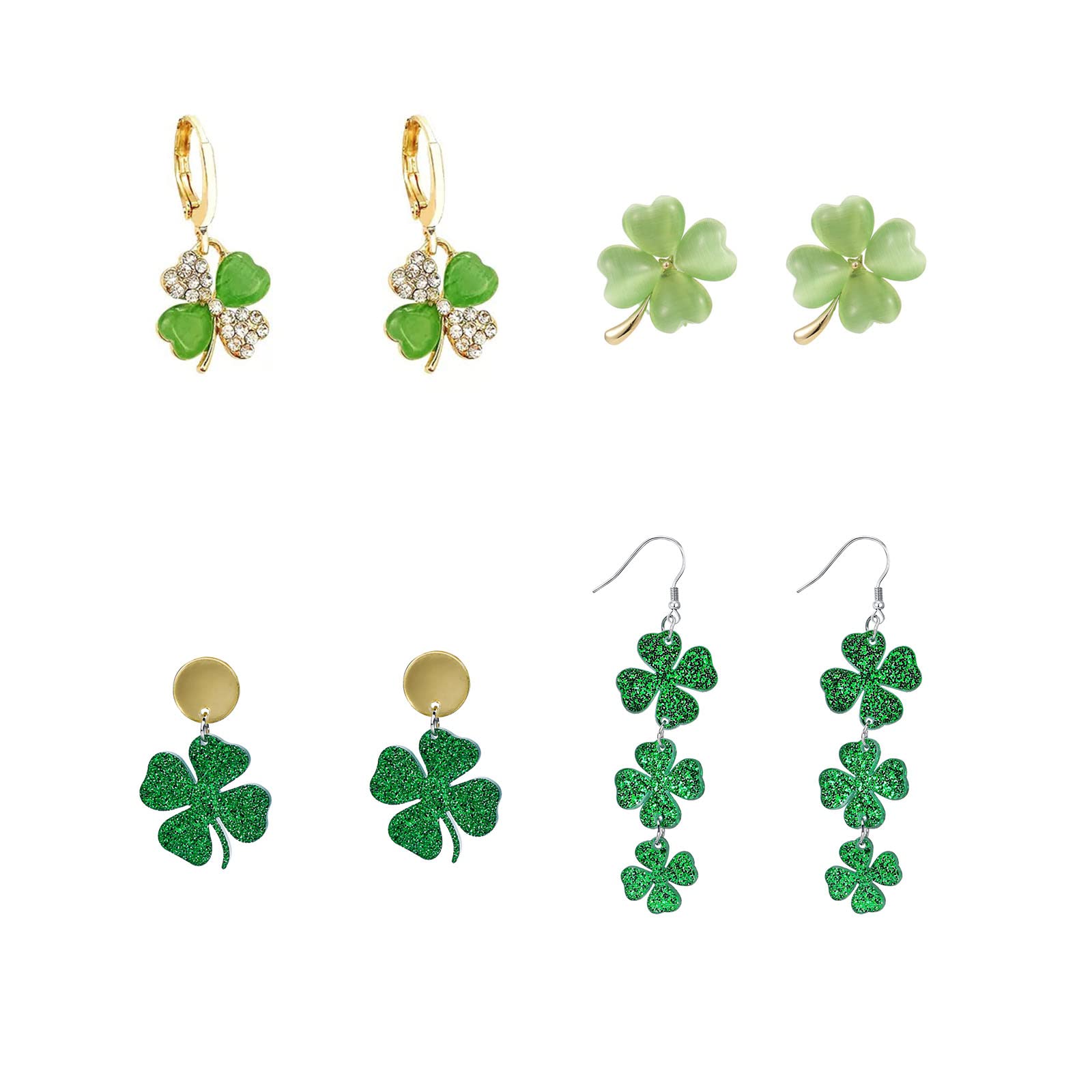 St. Patrick's Day Earrrings Green Clover Shamrock Earrring for Women Acrylic Dangle Stud Earrings Set 4Pairs