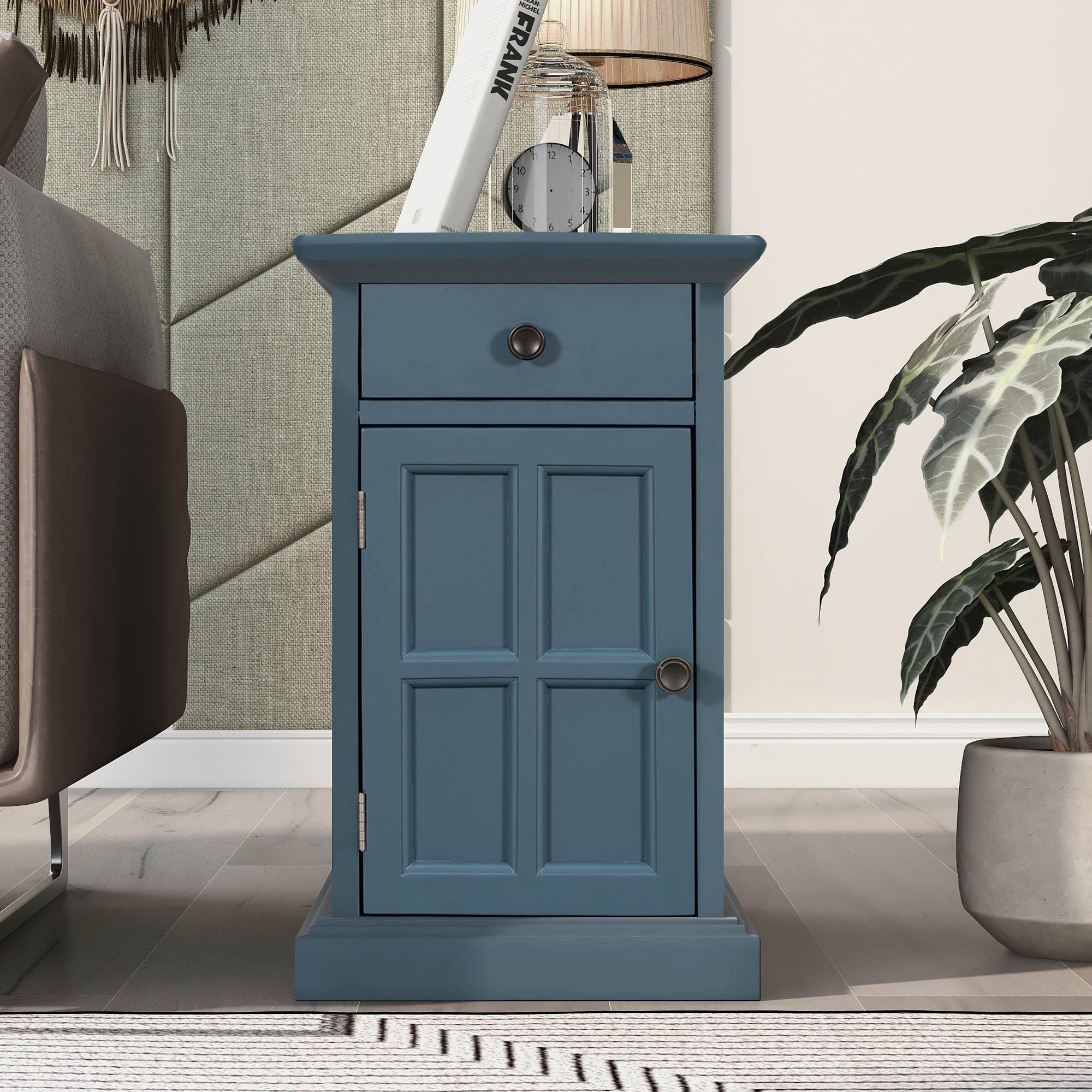 Multifunctional Classic Vintage End Table with USB Ports and 1 Drawer with cup holders, Sofa Side Table Bedside Nightstand Narrow Table for Living Room Bedroom (Antique Navy)