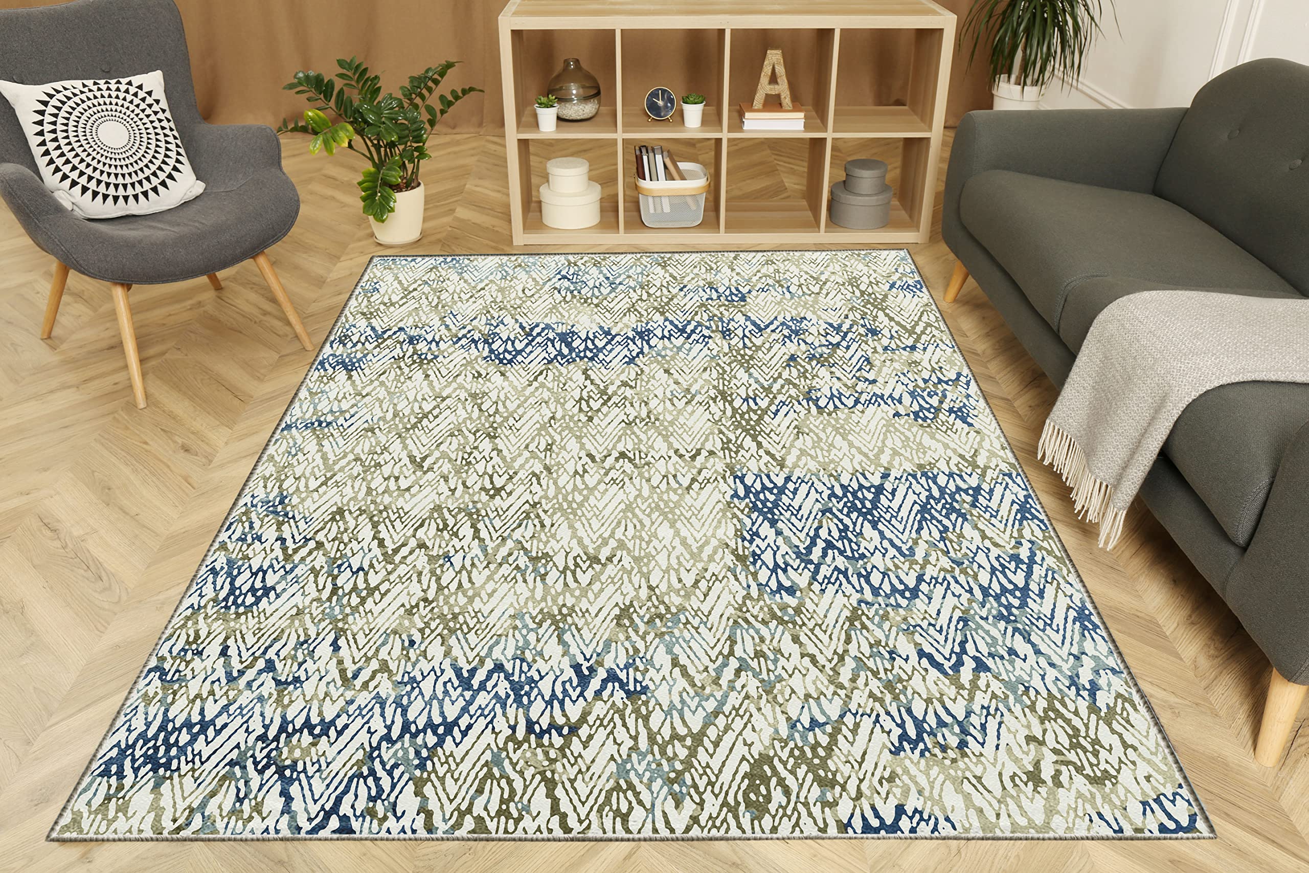 Modern Abstract Area Rug Beige Blue Geometric Distressed Comfort Bedside Rugs Stain Shedding Resistant Large Floor Carpet for Living Room Dining Bedroom,Machine Washable,8x10 Feet,Rectangle
