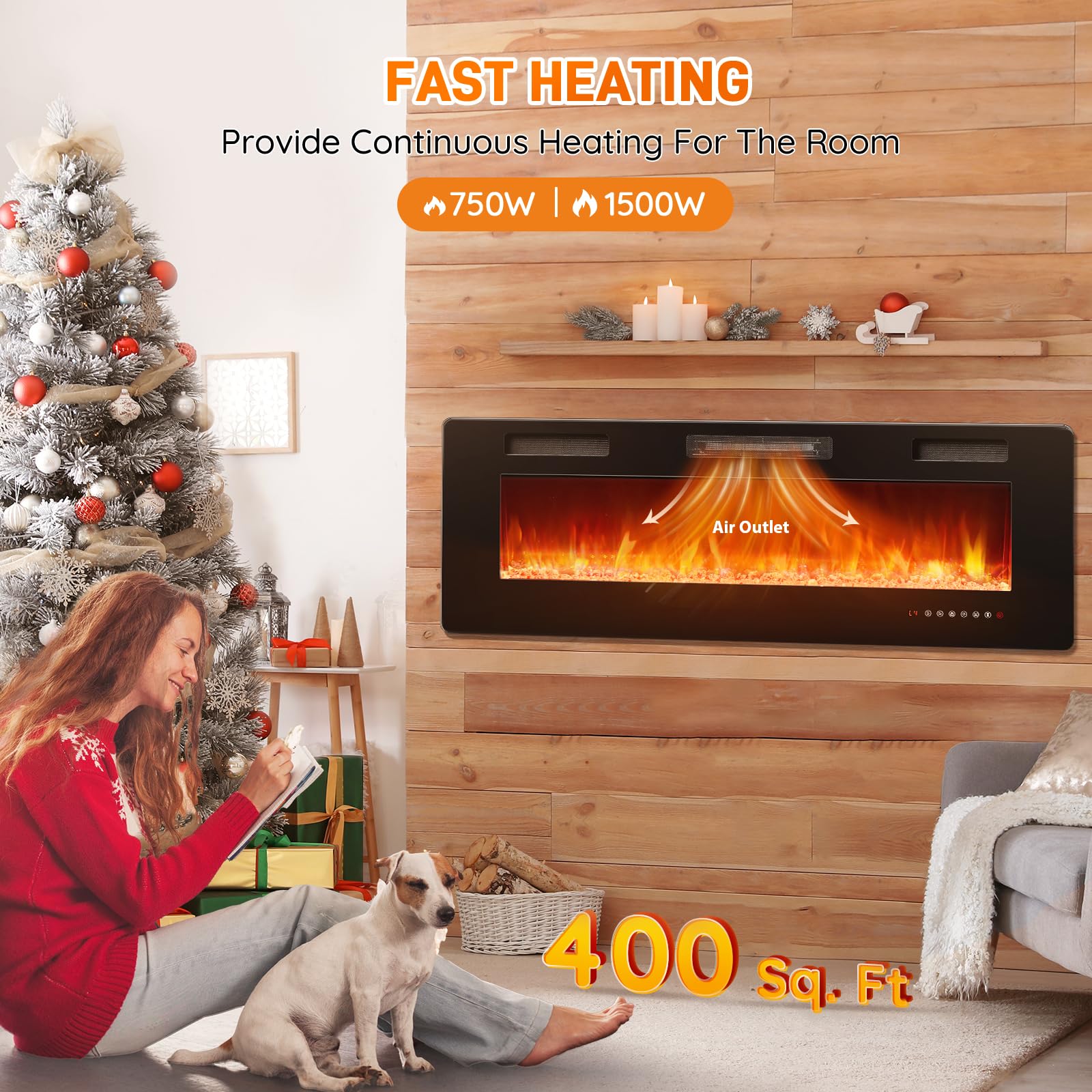 Rintuf Electric Fireplace, 60ββ Recessed & Wall Mounted Electric Fireplace Inserts, Wall Fireplace Electric with Remote Control, Low Noise, Touch Screen, Adjustable Flame Color/Speed, 750/1500W
