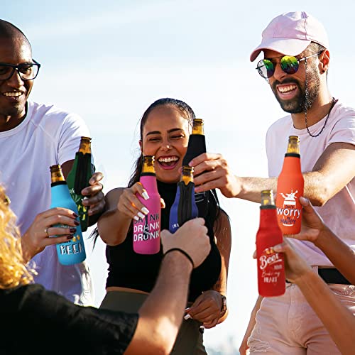 Summer Beer Bottle Insulator Sleeve with Zipper Neoprene Insulated Bottle Jackets Keep Warm and Cold Beer Bottle Sleeves with Stitched Fabric Edges for Party (12 Piece, Bright Style)