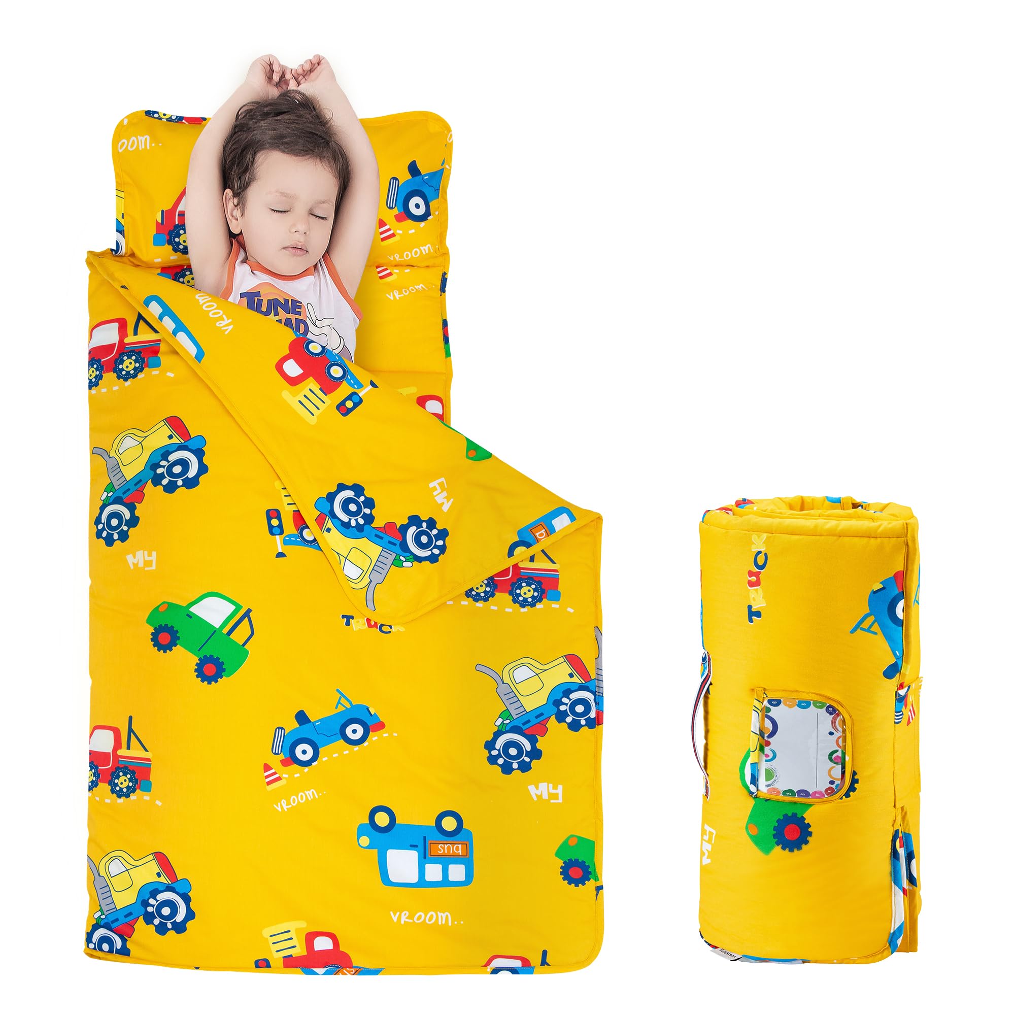 Rossison Nap Mat with Pillow and Blanket 100% Cotton with Microfiber Fill, Padded Sleeping Mat, for Daycare Preschool Toddler Prek Boys Kids (Tractor, Standard-50 x20)