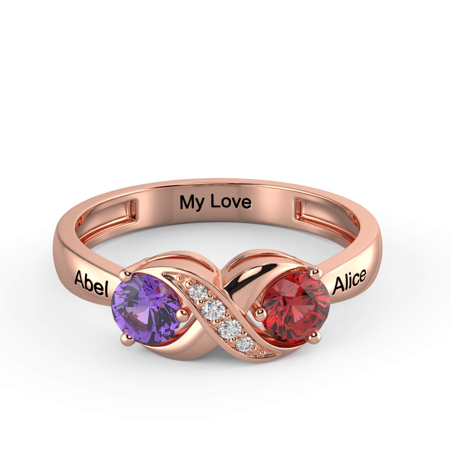 Personalized Infinity Mothers Ring with 2 Round Simulated Birthstones Custom Engraved Engagement Promise Rings for Women (rose gold, 8)