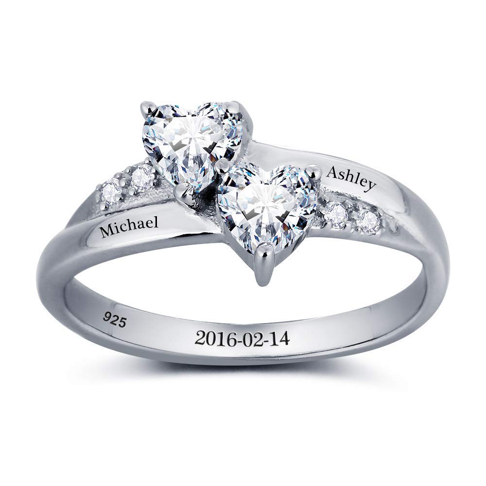 Personalized Promise Rings for Her Mother Rings with 2 Simulated Birthstones Custom Couples Name Ring for Women (silver, 7)