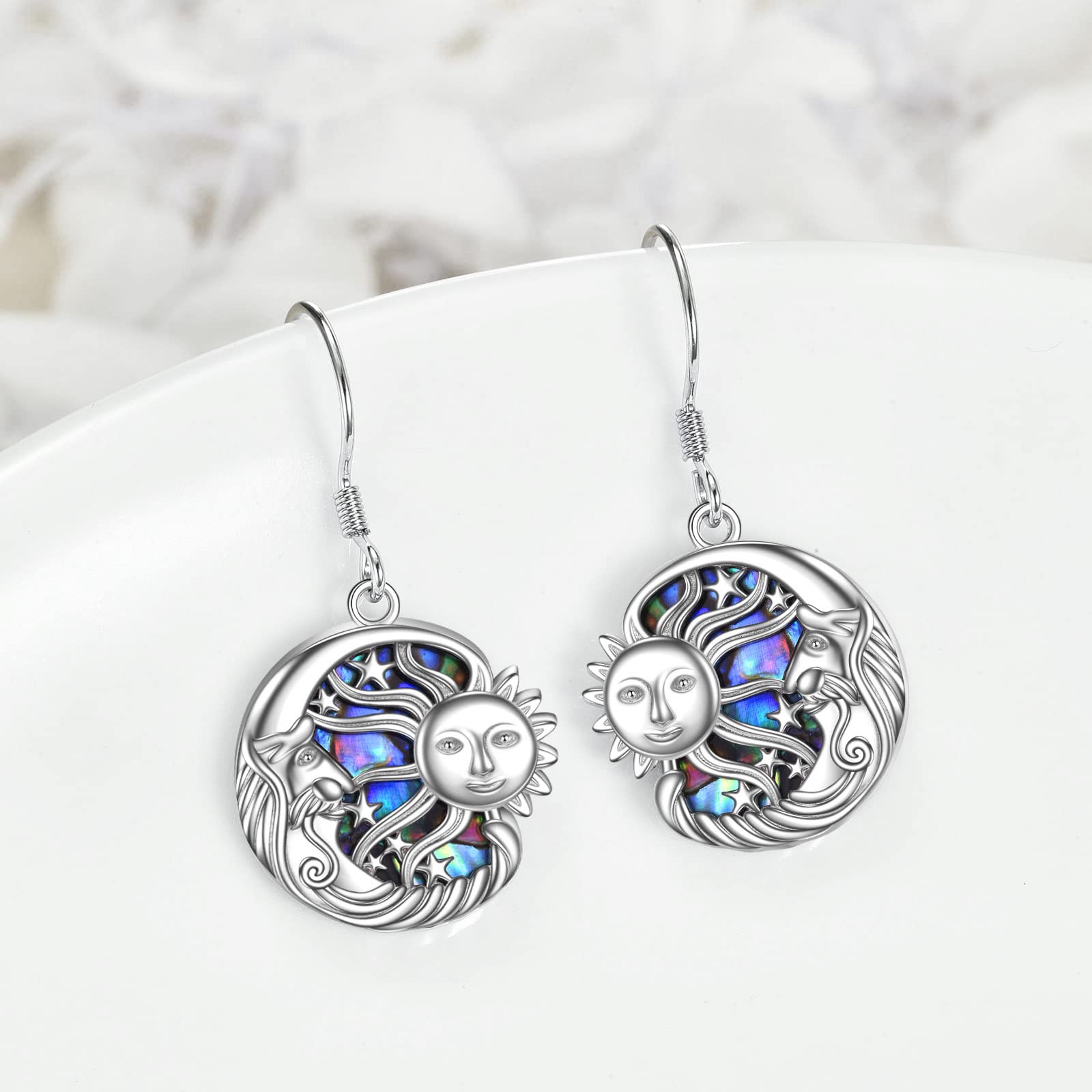 YFN Sun and Moon Earrings Sterling Silver Abalone Shell Dangle Drop Earrings Sun Moon Jewelry Gifts for Women Men