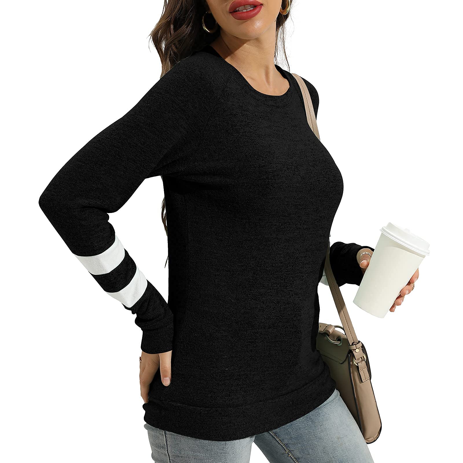 Qcyuui Womens Color Block Sweatshirts Crewneck Sweaters Long Sleeve Shirts Fleece Tunic Tops(Black,Medium)