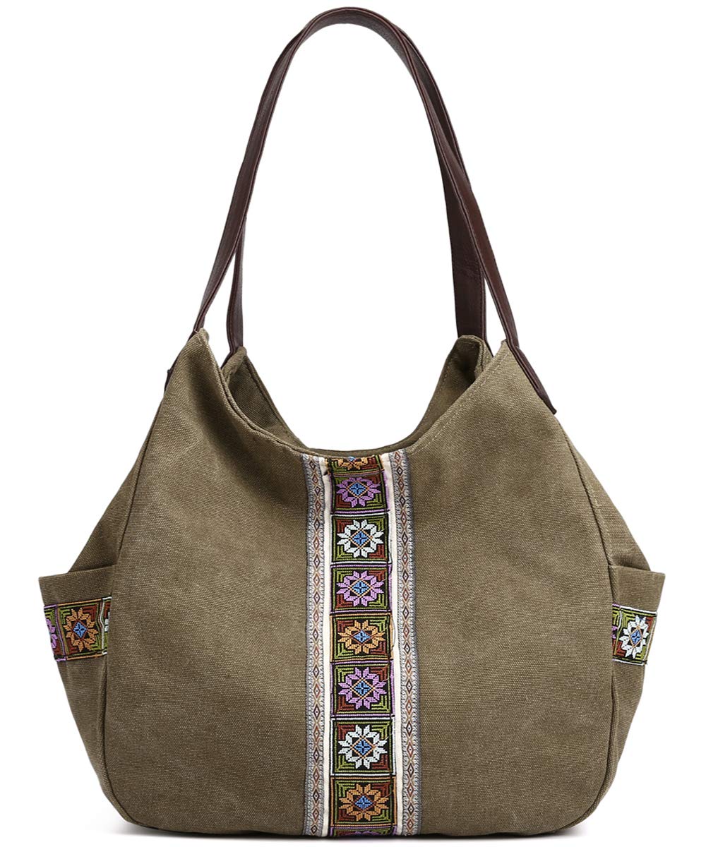 Worldlyda Women Canvas Hobo Purse Multi Pocket Tote Shopper Shoulder Bag Casual Top Handle handbag with Embroidery Ethnic