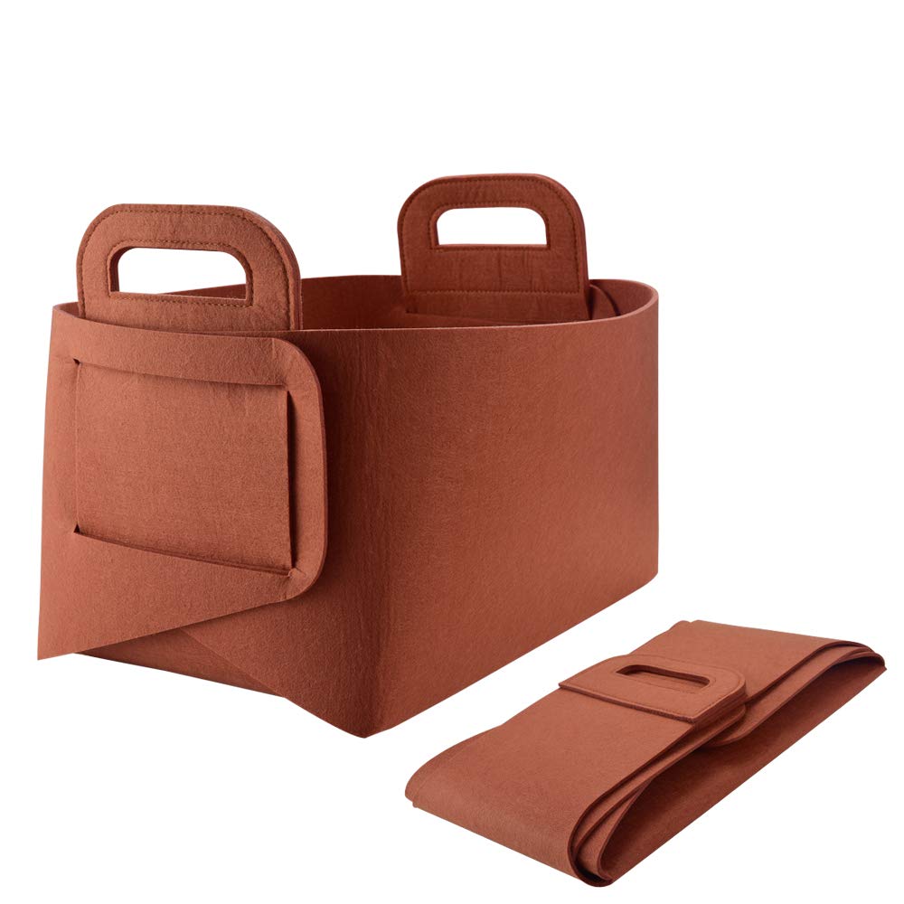POLATU Felt Toy Storage Bins Basket with Handle Collapsible Toy Organizer for Nursery Storage, Kid's Toy & Laundry, Gift Baskets (Brown,S)