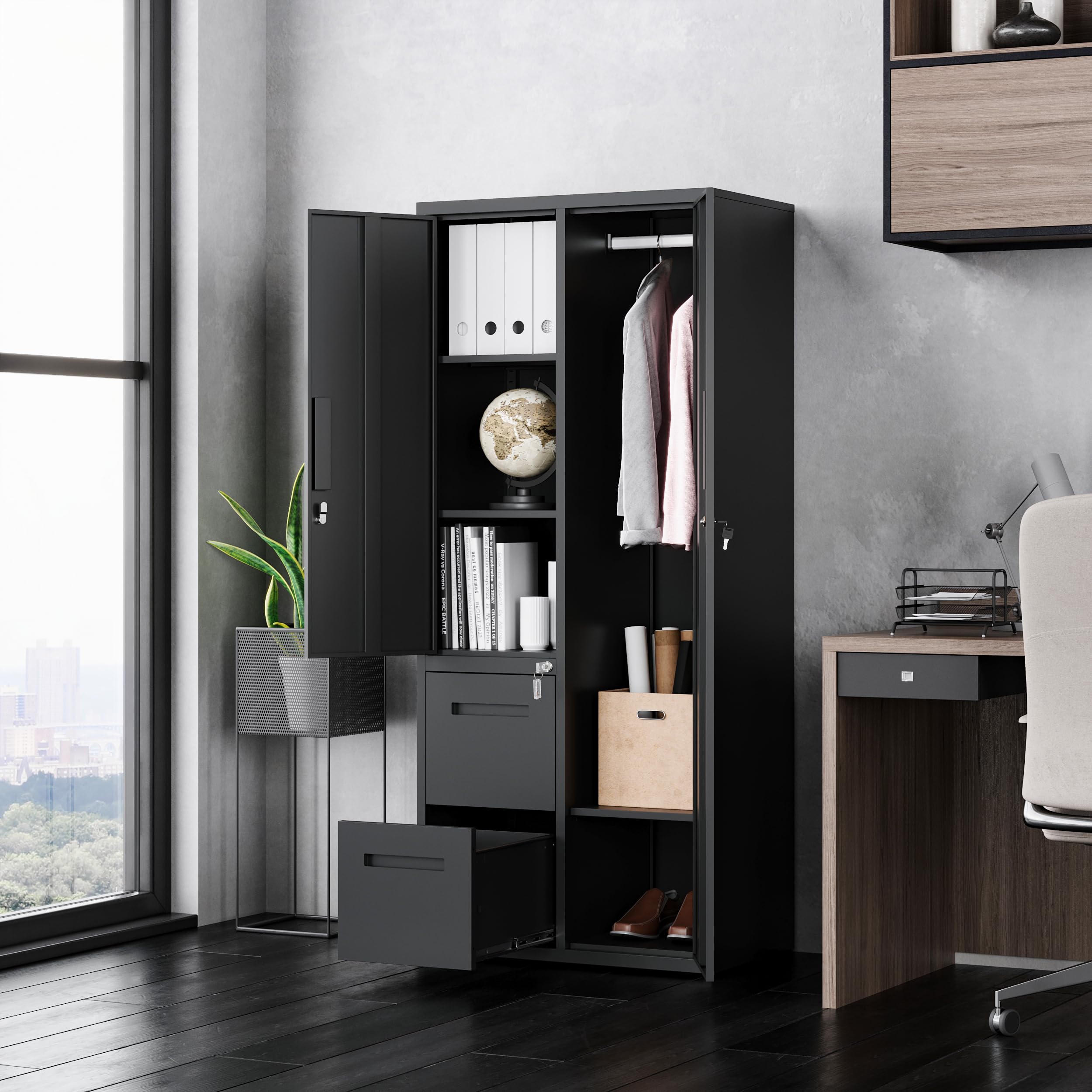 PEUKC Metal Storage Cabinets with Locking Doors, 67" Freestanding Clothing Coat Storage Wardrobe Lockers for Office, Home, School, Garage, Gym (Black)