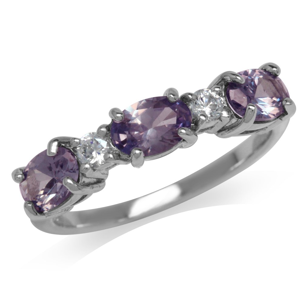 Silvershake 3 Stone Simulated Color Change Alexandrite and White Cubic Zirconia 925 Sterling Silver Ring June Gemstone Birthstone Size 10.75