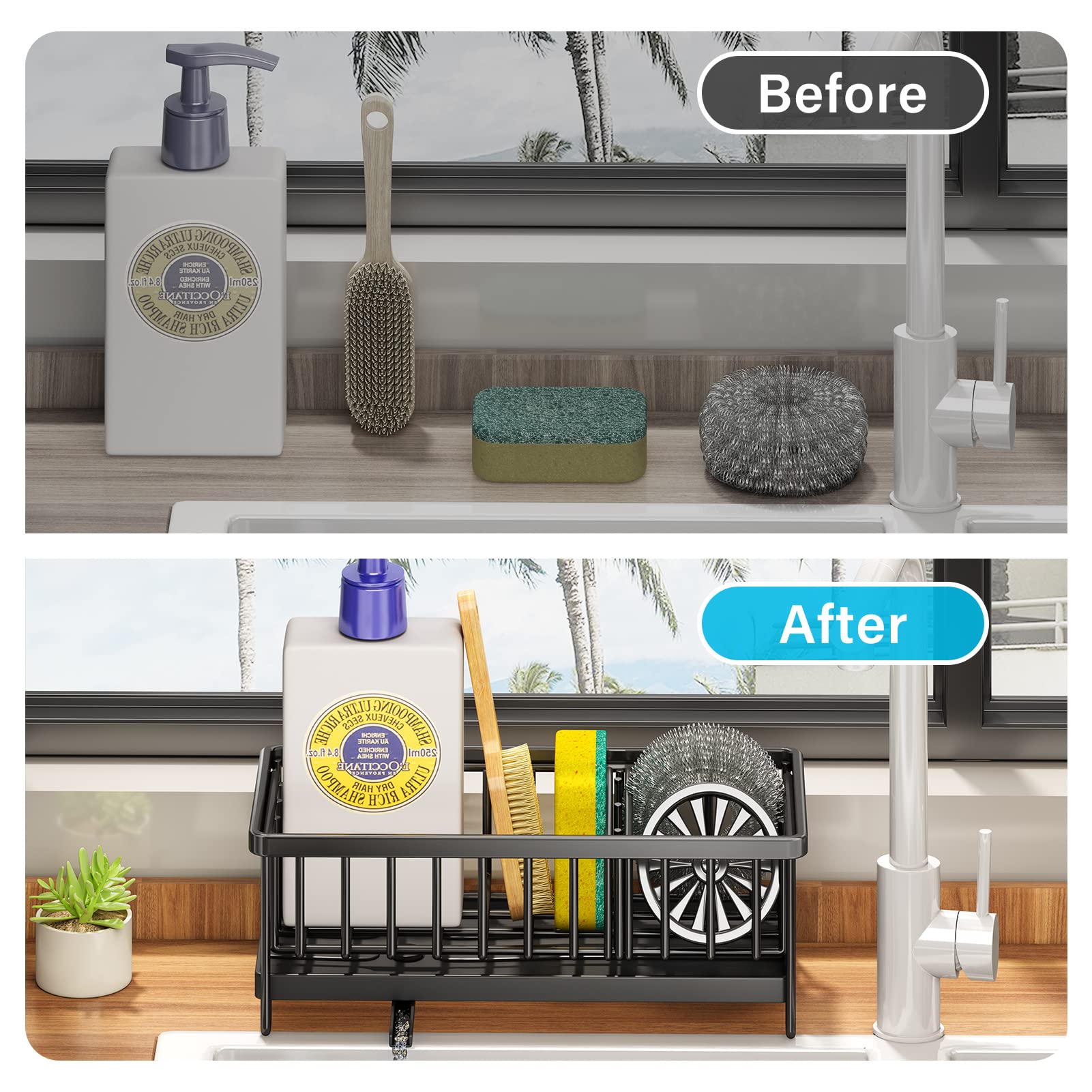 Sponge Holder for Kitchen Sink, Kitchen Sink Caddy, 304 Stainless Steel Dish Sponge Organizer with Divider, Soap Dispenser Brush Holder Storage