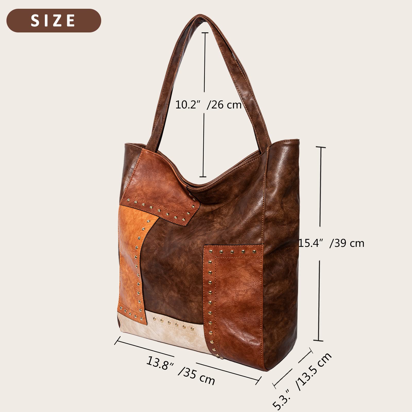 Tote Bag for Women, Large Leather Shoulder, Vegan Leather Handbag, Creative Stitching Rivet Decoration Leather Purse, With Travel, Work, Vacation