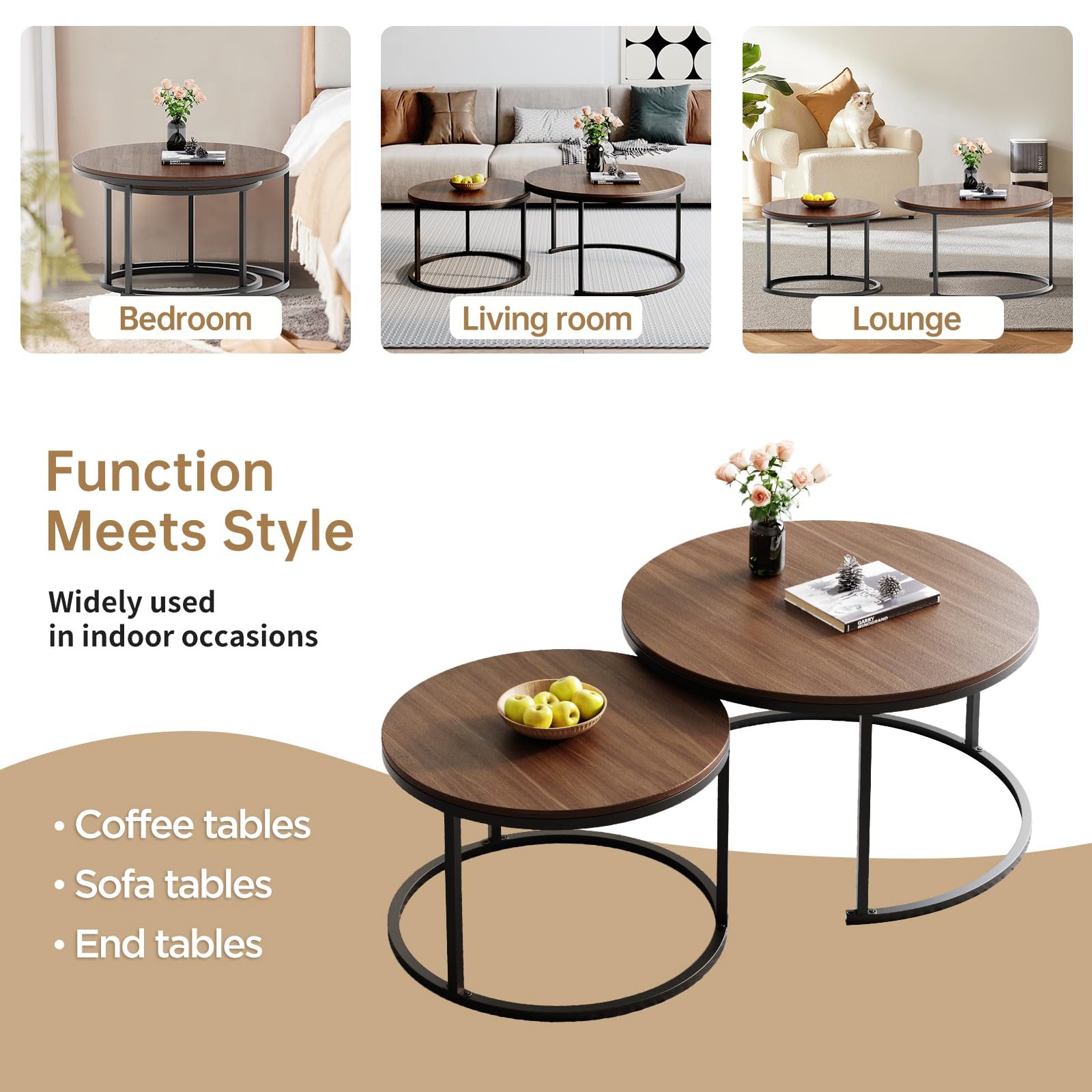 Modern Nesting Coffee Table Set of 2 for Living Room Balcony Office, Modern Decorative Round Wooden Coffee Center Table with Sturdy Metal Frame