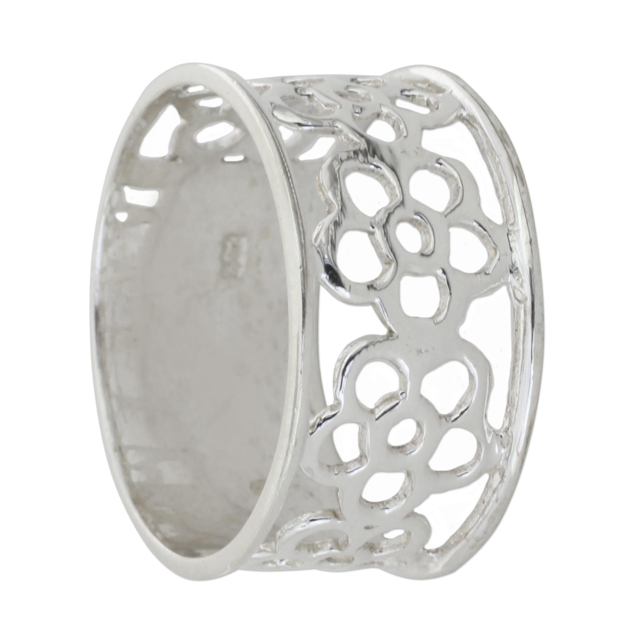 NOVICA Artisan Handmade Sterling Silver Band Ring Floral from India No Stone [band Width 10 mm W] ' Band of Flowers'