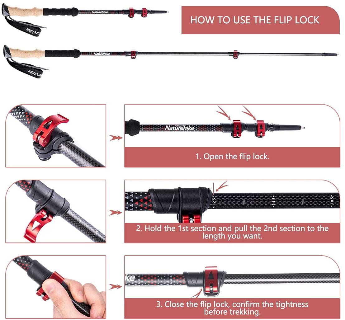 Naturehike Ultralight Trekking Poles, 100% 3K Carbon Fiber, Collapsible Hiking Poles, Telescopic Adjustable Walking Sticks for Backpacking Camping, Quick Locking, Carry Bag and Accessories Included