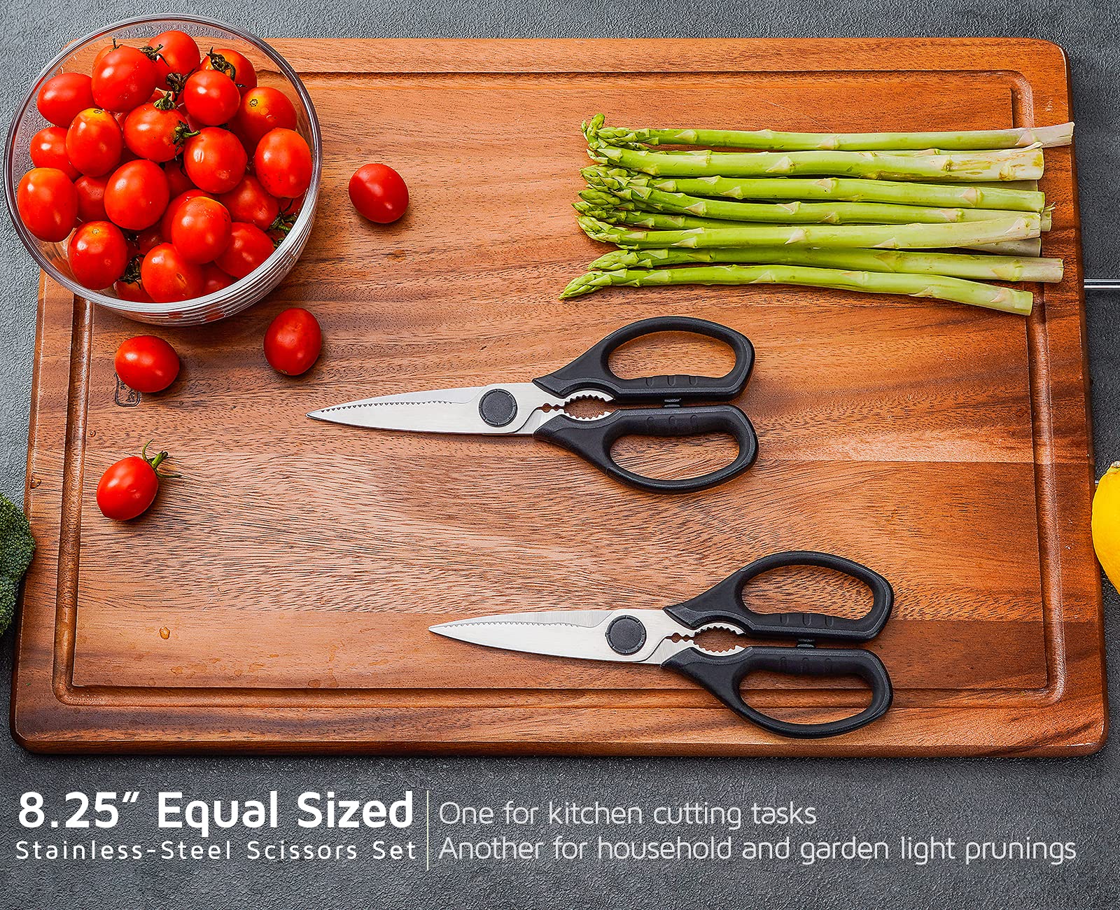 Multifunction Kitchen Scissors 2-Piece Set WELLSTAR, Heavy Duty Food Shears for Chicken Meat Vegetable Fish Herb Poultry Stainless Steel Cooking Scissors with Comfortable Handle Scissors Set (Black)
