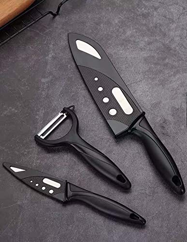 WOLFLAND 3 Pieces Kitchen Knife Set 3.5β Paring knife 7β Santoku Knife w/Protective Covers and Peeler Stainless Steel blade and Ergonomic Black Handle