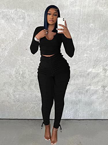 Track Suits for Women Set 2 Piece Ribbed Workout Outfit Long Sleeve Crop Top Butt Lift Legging Sets Black L