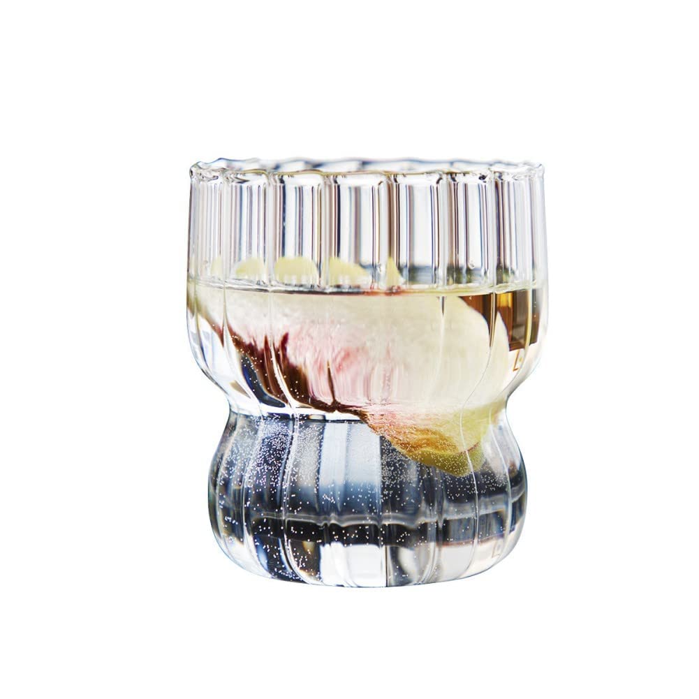 URMAGIC 2 Pcs Ribbed Drinking Glasses,9 Oz Ripple Glassware,Clear Origami Style Glass Cups,Iced Coffee Glasses,Wave Shape Beverage Cups,Clear Glass Cups for Cocktail,Whiskey,Juice,Water,Beer,Milk
