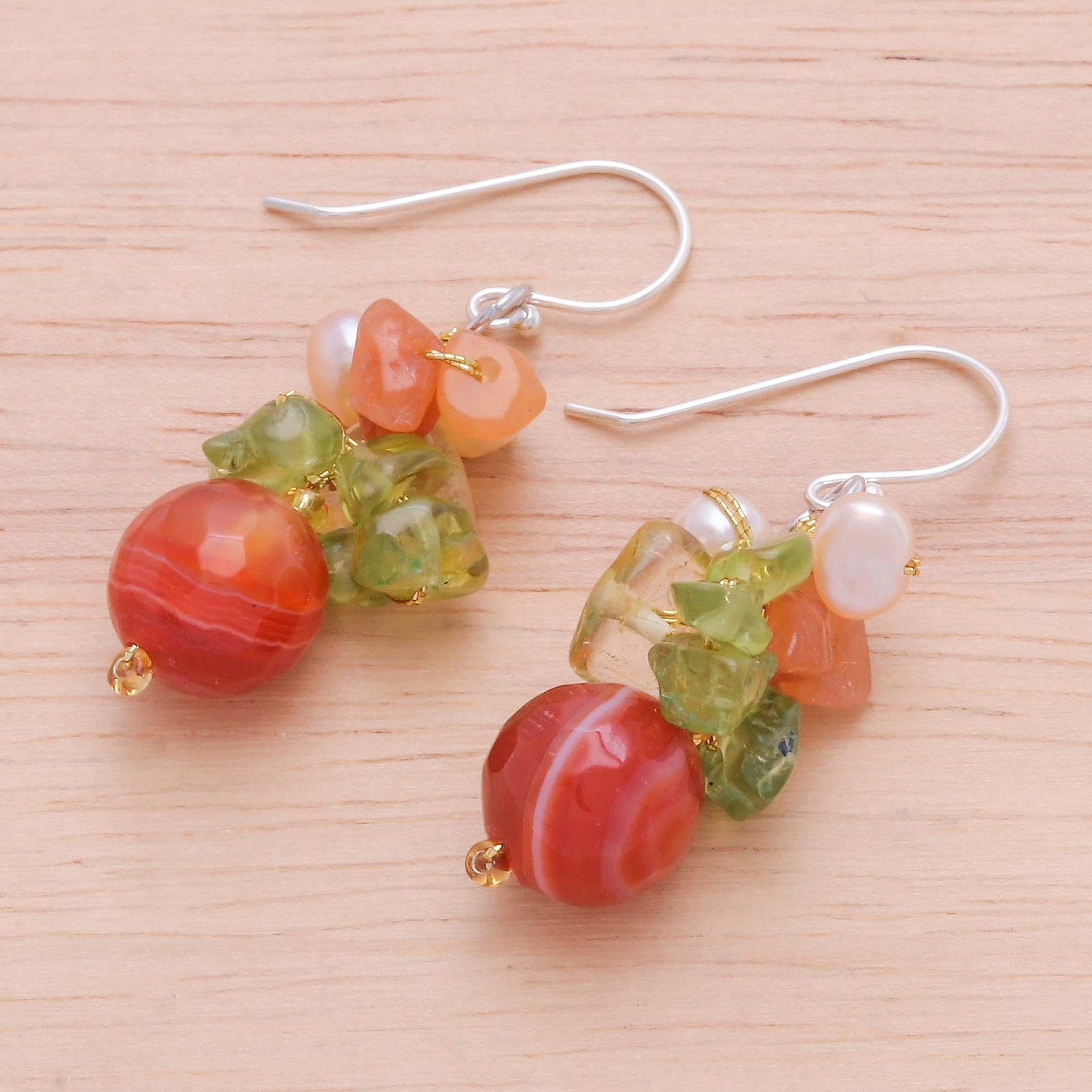 NOVICA Artisan Handcrafted Citrine Cluster Earrings | Pearl Beaded Earrings | Sterling Silver Earrings | Multi Color Gem Earrings | Natural Gemstone Earrings | Bouquet Earrings