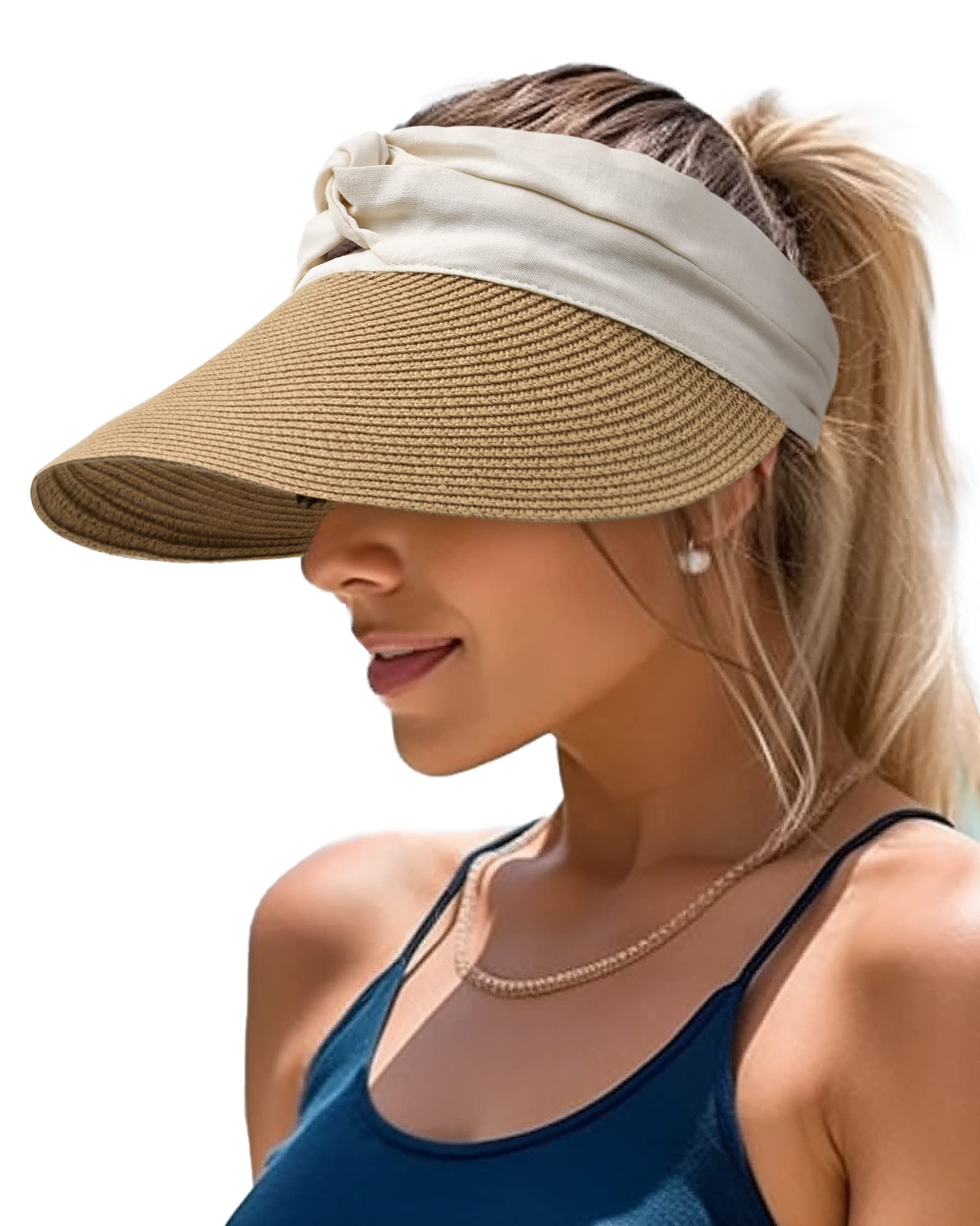 Straw Sun Visor Hats for Women Beach Summer Sun Hat Wide Brim Sun Hats for Women Foldable UPF 50 Womens Visor with Big Tie Khaki-Black