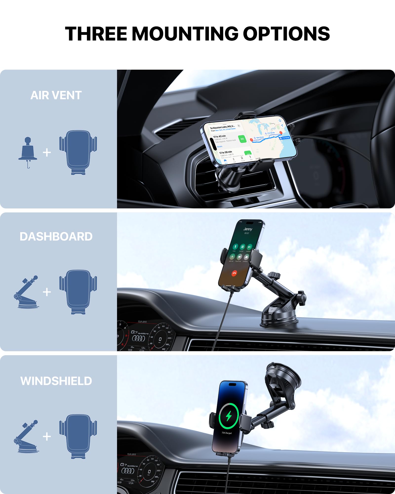 Puretor 2in1 Wireless Car Charger, 15W Qi-Enabled Fast Charging Car Phone Holder, Wireless Charger for iPhone 14 13 12 Pro Max, Samsung Glaxy S21, S20, S10+, S9+, etc