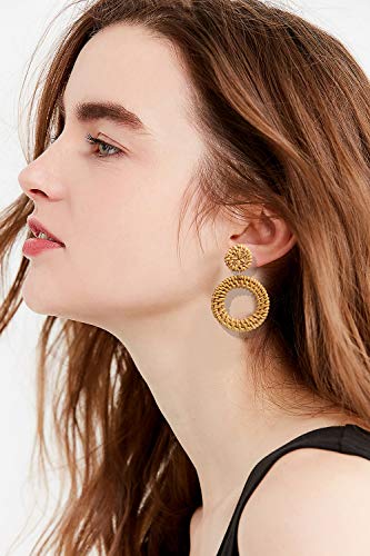 Rattan Earrings for Women Handmade Lightweight Wicker Straw Stud Earrings Statement Weaving Braid Drop Dangle Earring (Rattan Hoop)