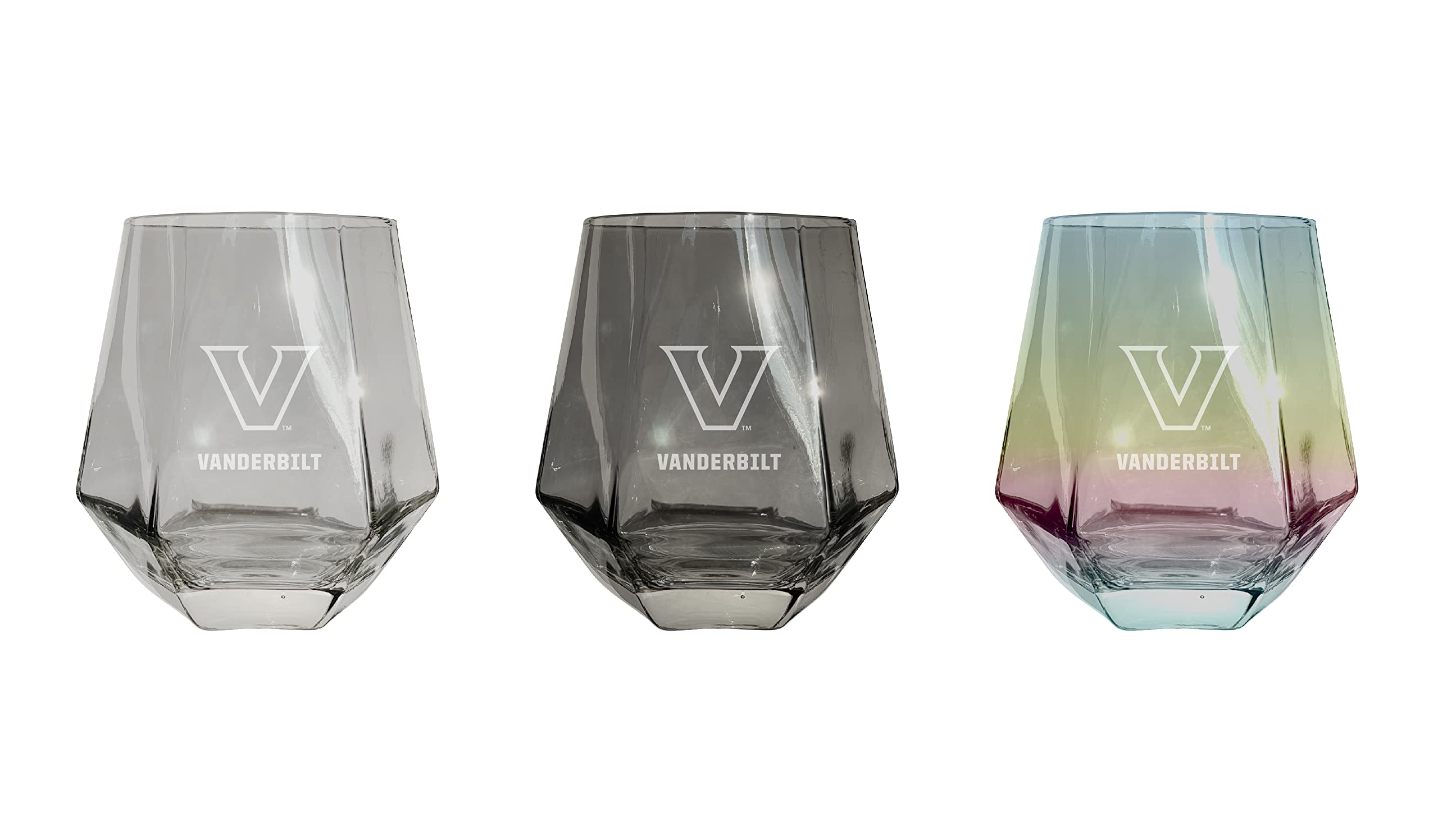 R and R Imports Vanderbilt University Etched Diamond Cut Stemless 10 Ounce Wine Glass Clear 2-Pack Officially Licensed Collegiate Product
