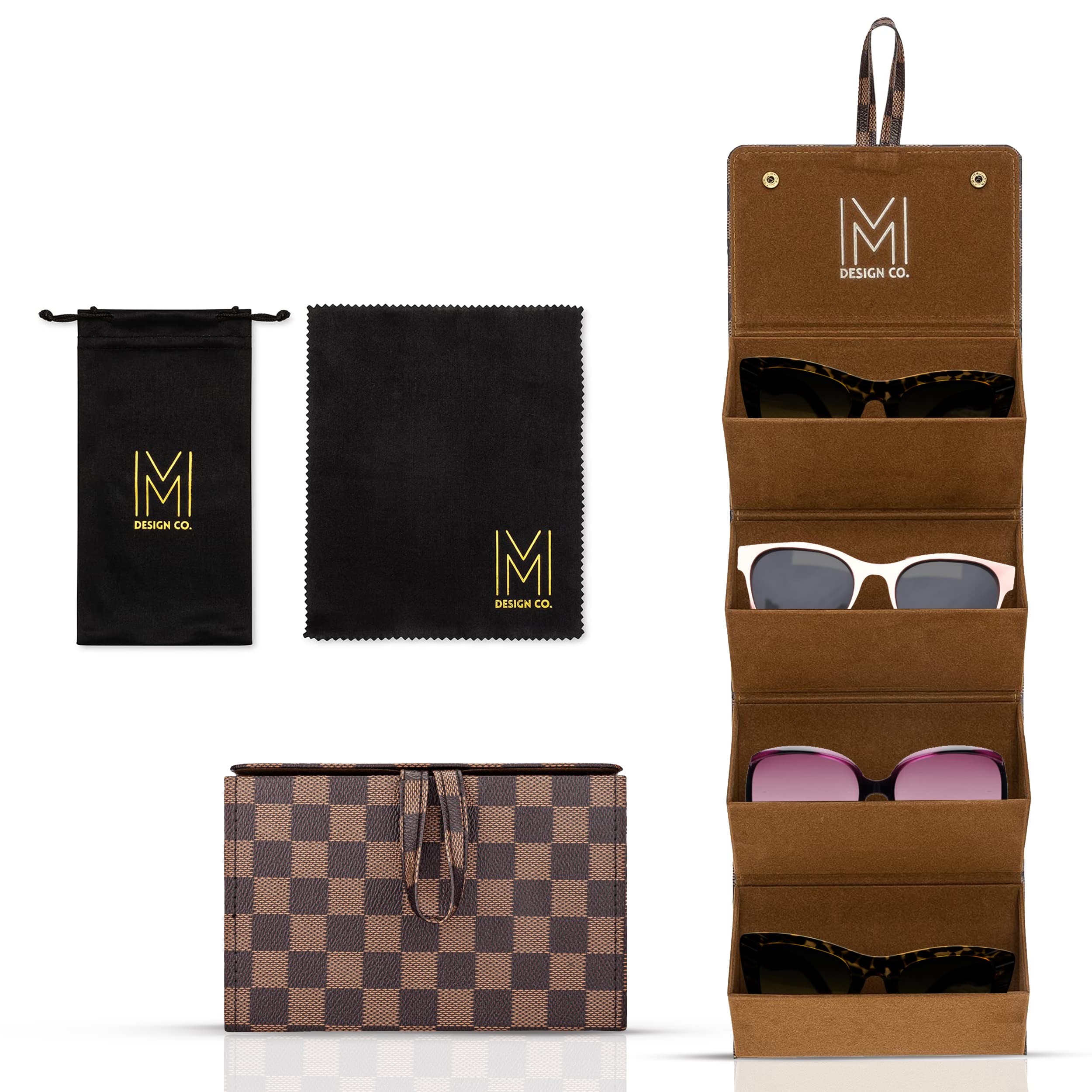 Sunglass Holder For Multiple Glasses – Sunglass Organizer Premium Vegan Leather Foldable Travel Case Luxury Glasses Case | Sunglass Case Hard Shell for Travel (4 Slots, Brown - Checkered)