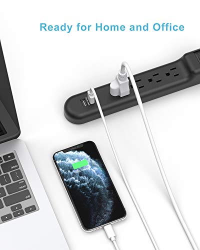 Wishinkle Surge Protector, 4 AC Multiple Plug Outlets with 2 USB Power Strip, 2.5 ft Flat Plug Extension Cord for Home, Office, Travel, School, Black