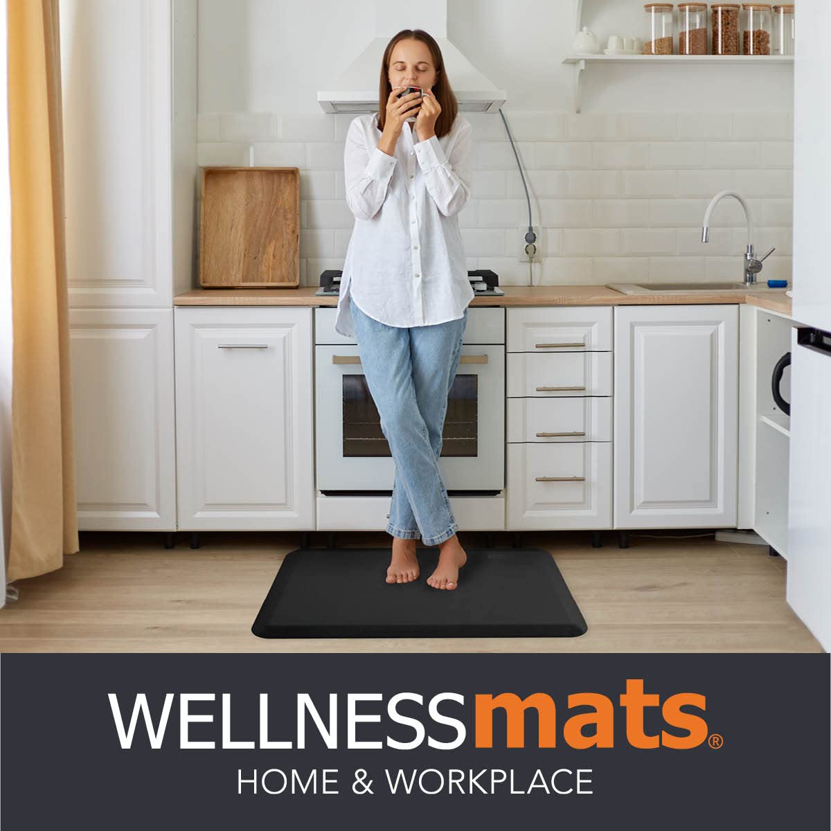 WellnessMats Original Collection Anti-Fatigue Floor Mat, Black, 36 in. x 24 in. x ¾ in. Polyurethane – Ergonomic Support Pad for Home, Kitchen, Garage, Office Standing Desk – Water Resistant,