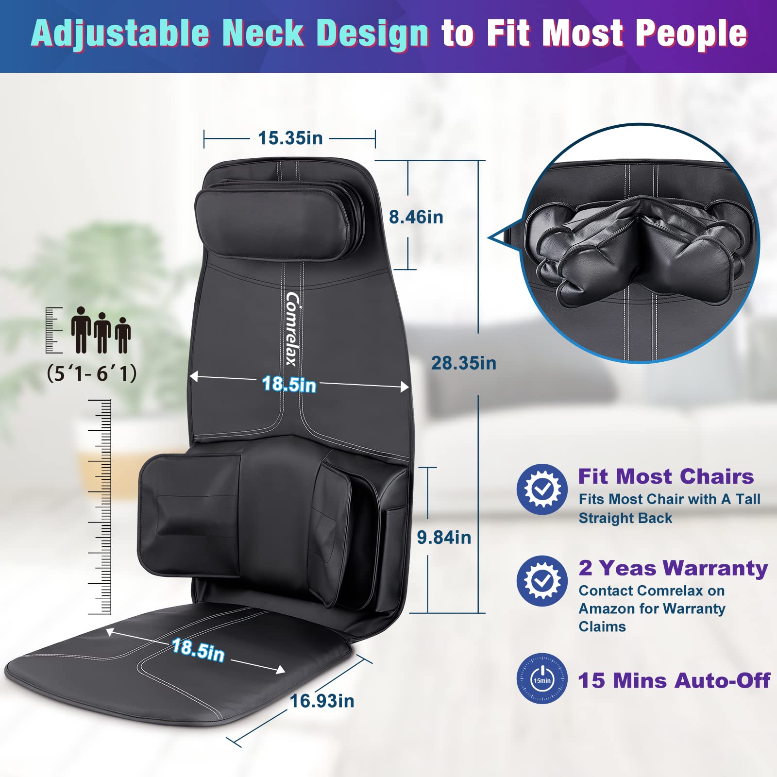 SLOTHMORE Back Massager Pad Vibrating Back Massager, Height-Adjustable Massage Chair Pad for Home Office Use, 3 Modes & 3 Intensities to Compress and Relieve Massagers for Neck and Back, Soft Leather