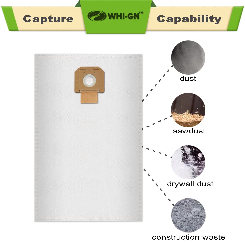 WHI-GN VB140F Fleece Filter Bags, compatible with BOSCH 14 Gallon Dust Extractor VAC140 (12 Pack)