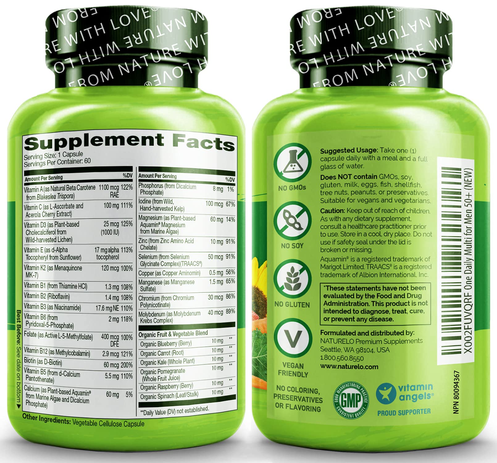 NATURELO Mens Multivitamins for Men 50+ - One Daily Multivitamin for Men with Vitamins, Minerals & Organic Whole Foods Non-GMO, 60 Vegetarian Capsules
