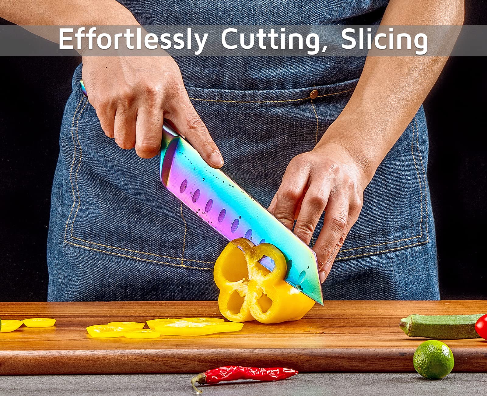 WELLSTAR Rainbow Knife Set 5 Piece, Razor Sharp German Stainless Steel Blade with Iridescent Titanium Coated, Kiritsuke Santoku Boning Utility Paring for Kitchen Cutting Dicing Filleting and Peeling