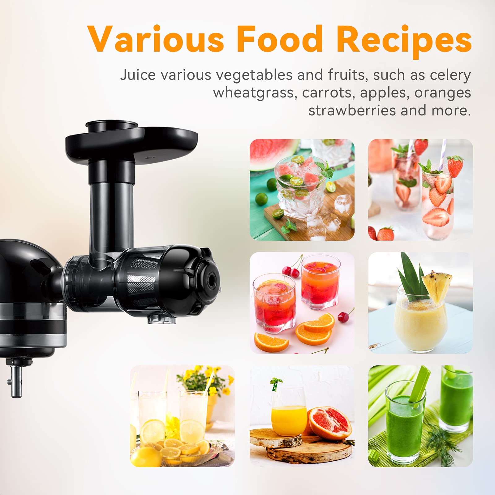 Slow Juicer Attachment for Kitchen Aid Stand Mixers Replacement, Masticating Juicer Accessories for All Kitchen Aid Mixers by Aikeec, Cold Pressed Juicer Parts, Great for Fruits and Vegetables, Black